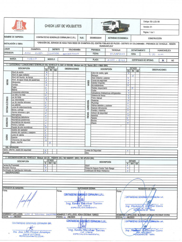 Check List Volquete - Agosto | PDF