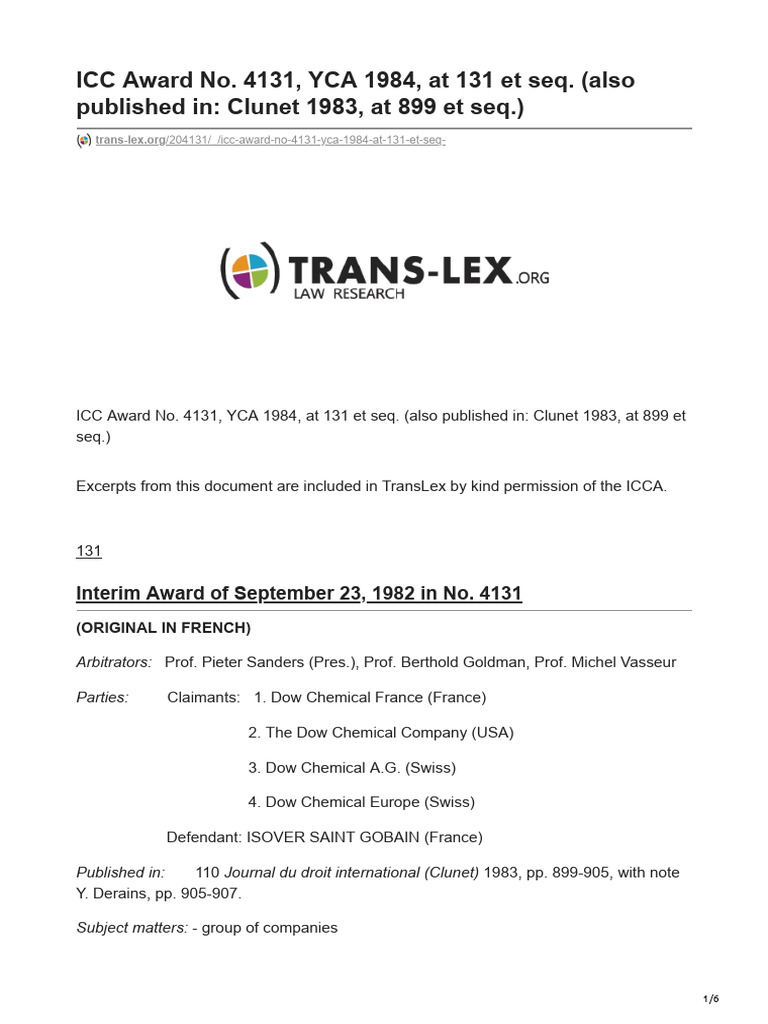 ICC Award No 4131 YCA 1984 at 131 Et Seq Also Published in Clunet 1983 at 899 Et Seq | PDF ...