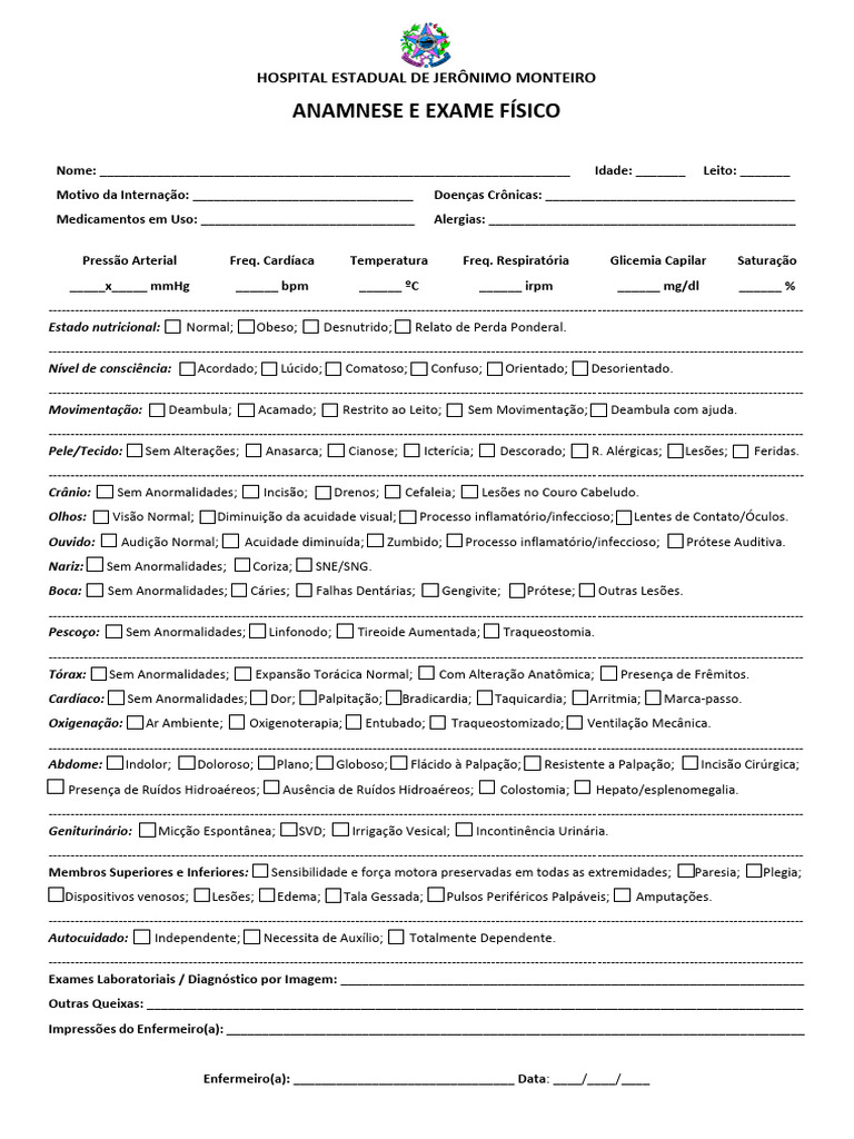 Ficha - Anamnese e Exame Físico | PDF | Medicina Clínica | Doenças e ...