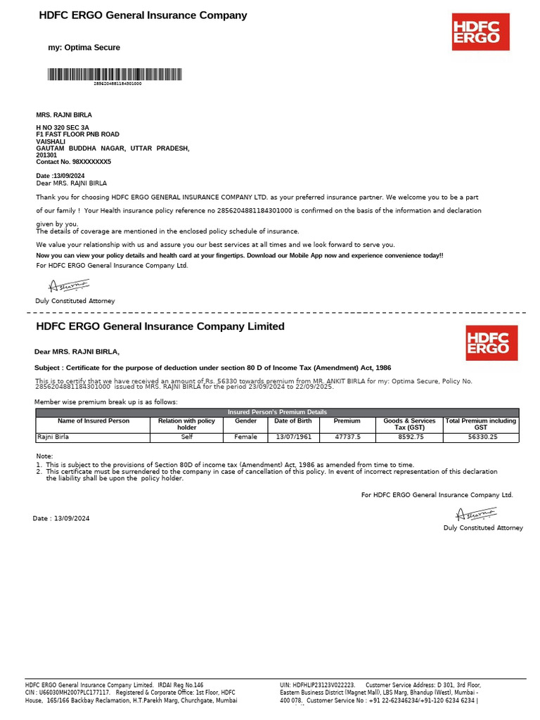 HDFC ERGO Optima Secure Policy Details | PDF | Insurance | Financial ...