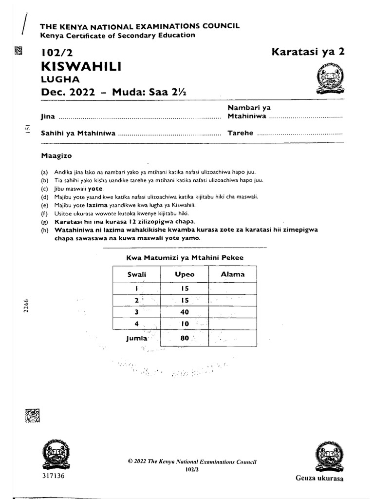 Paper 2 Question Paper KCSE 2022 | PDF