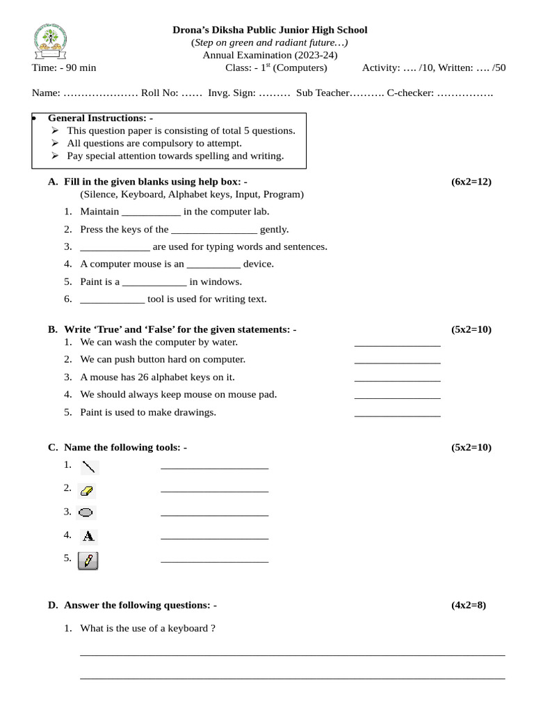 Class 1st Computers Annual Examination 2023-24 | PDF | Computer ...