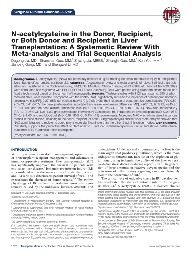 N-Acetylcysteine in The Donor, Recipient, or Both Donor and Recipient in Liver Transplantation ...