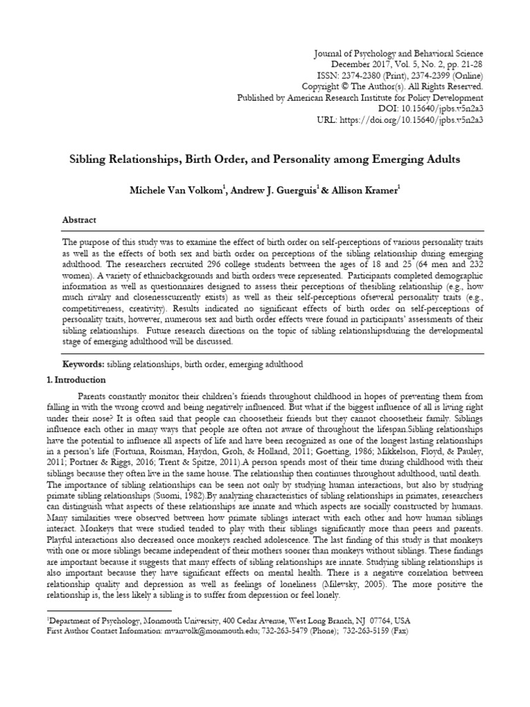 Sibling Relationships, Birth Order, And Personality Among Emerging ...