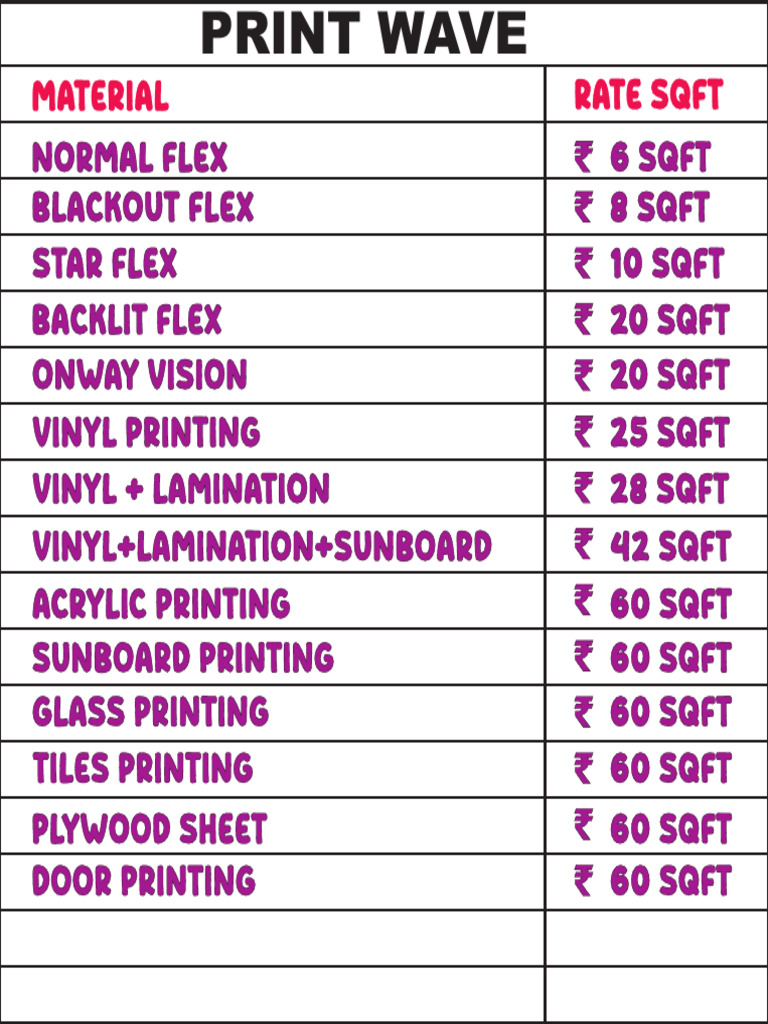 Printing Material Rates and Sizes | PDF