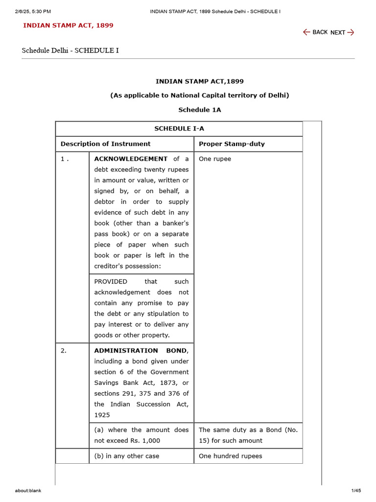 INDIAN STAMP ACT, 1899 Schedule Delhi - SCHEDULE I | PDF ...