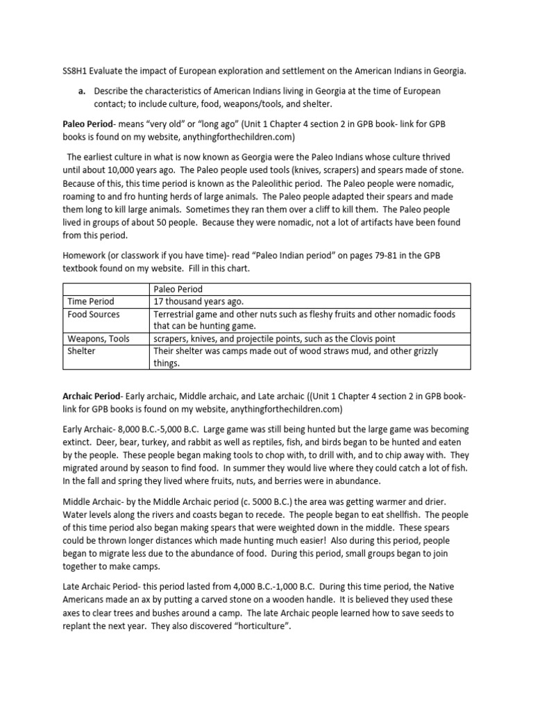 SS8H1 Native American Cultures and Settlement | PDF