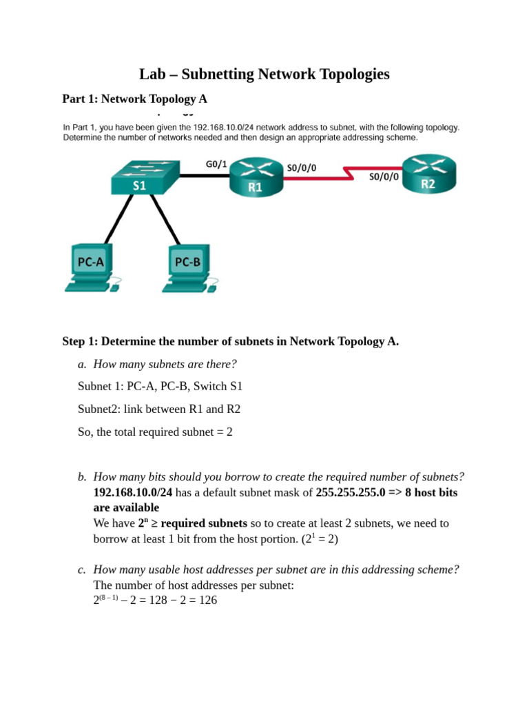 Lab - Subnetting Network Topologies | PDF | Ip Address | Internet Protocols