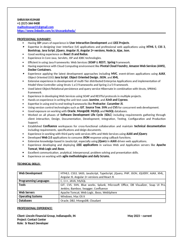 Shravan - SR React Developer - Resume | PDF | J Query | Spring Framework