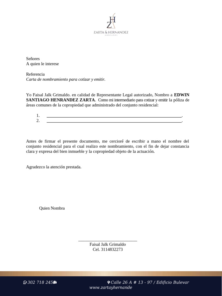 Carta de Nombramiento para Cotizar y Emitir | PDF