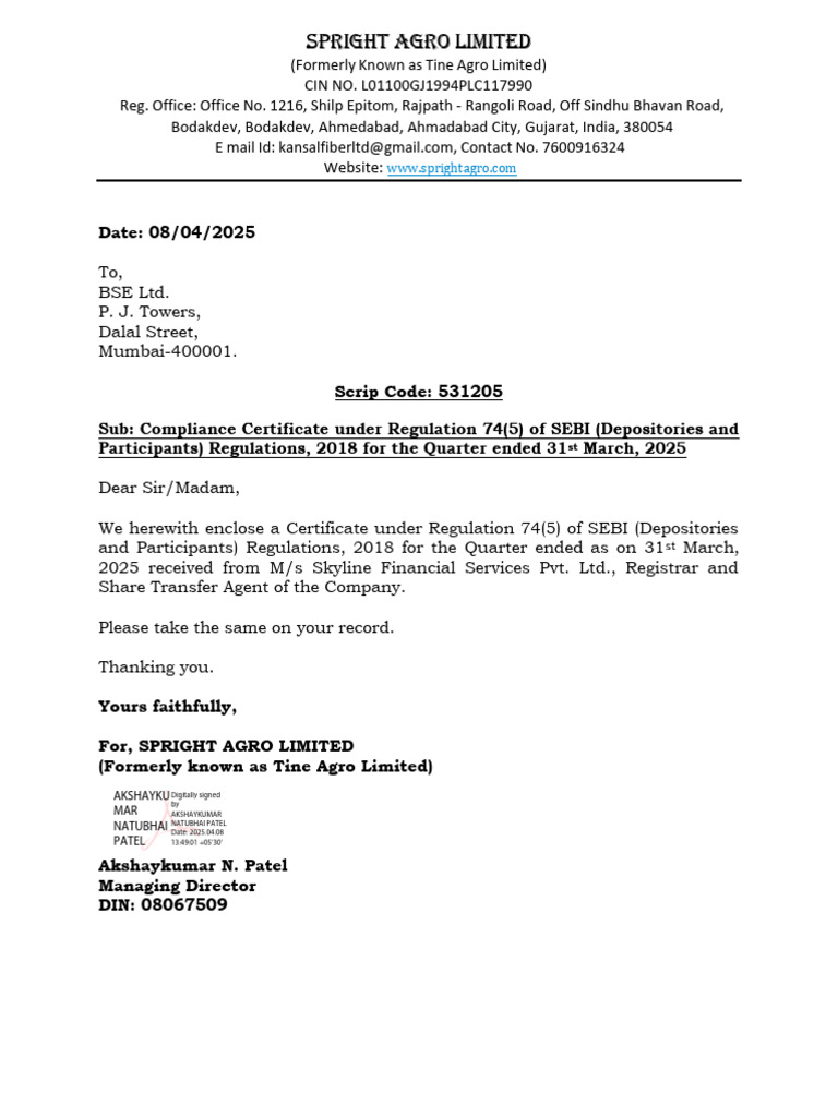 Compliance Certificate for SEBI Regulation 74(5) | PDF
