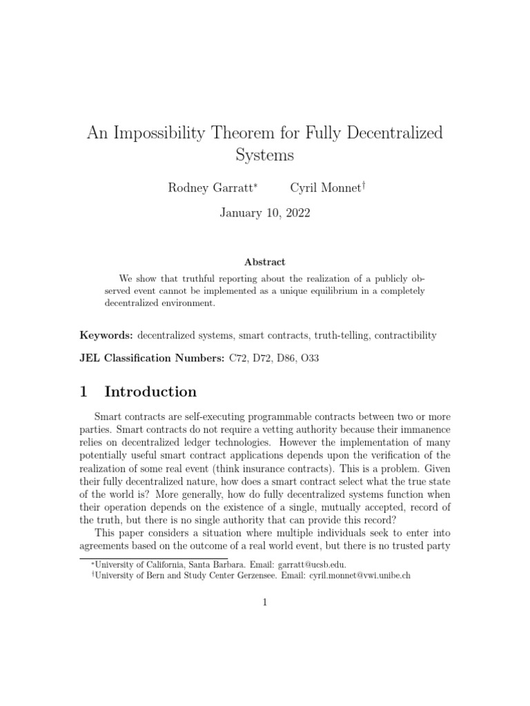 An Impossibility Theorem For Fully Decentralized Systems | PDF | Gambling