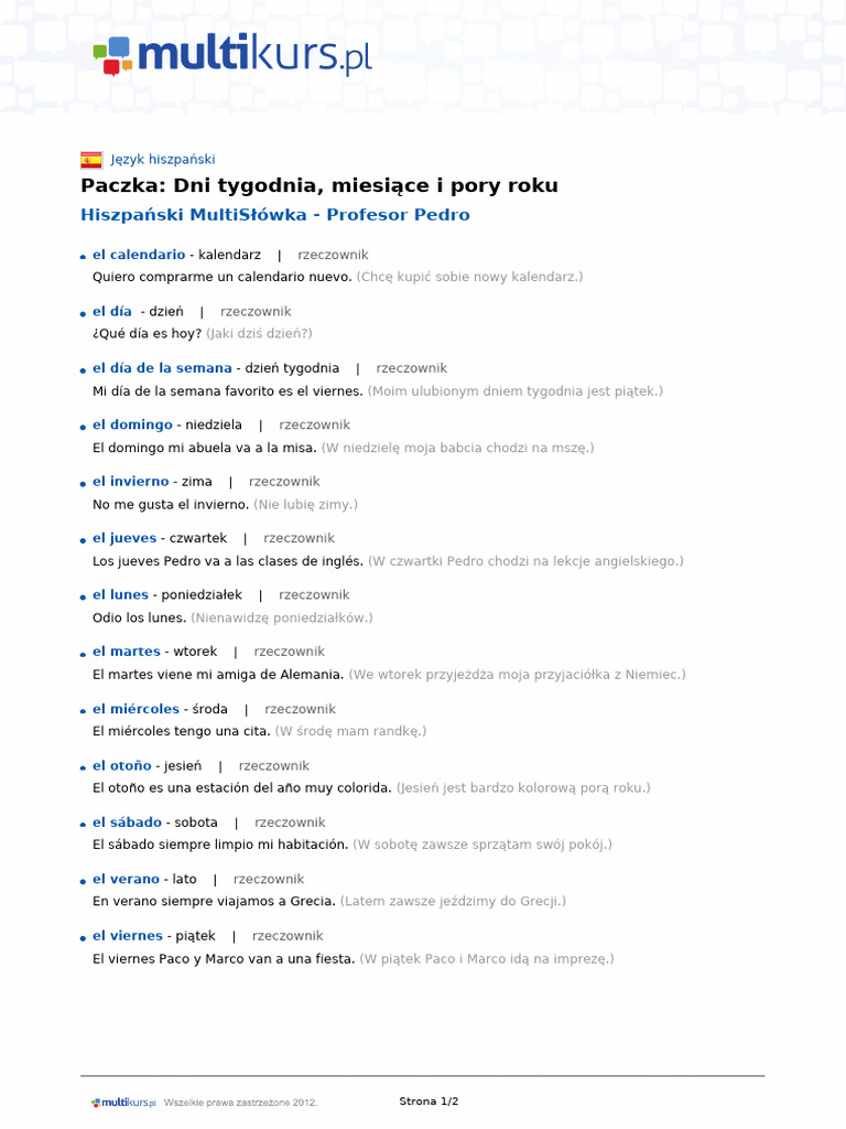 Paczka Dni Tygodnia Miesice I Pory Roku A1 | PDF