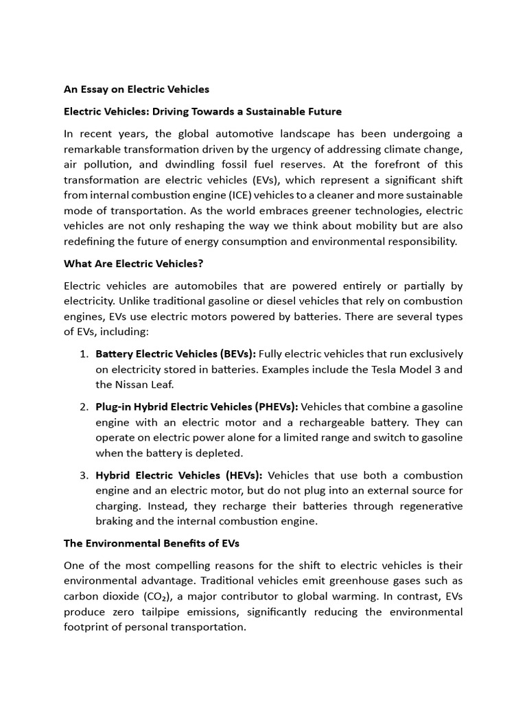 Electric Vehicles: A Sustainable Future | PDF | Electric Vehicle | Plug ...