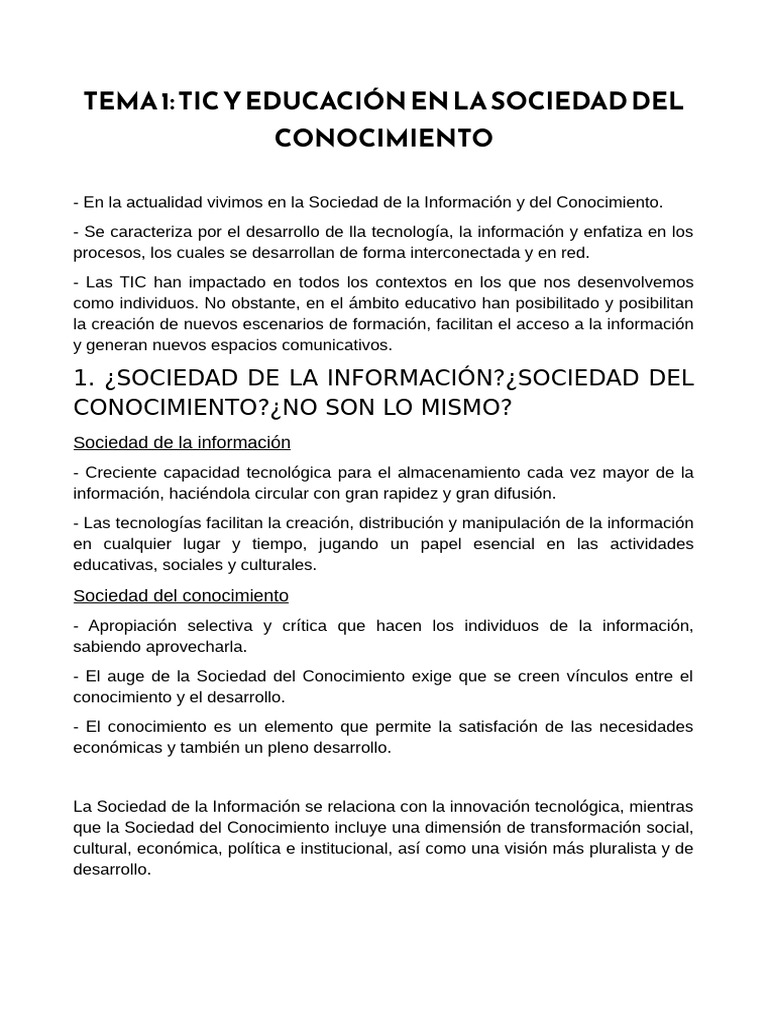 Tema 1-Tic y Educación en La Sociedad Del Conocimiento | PDF | Enseñando | Aprendizaje