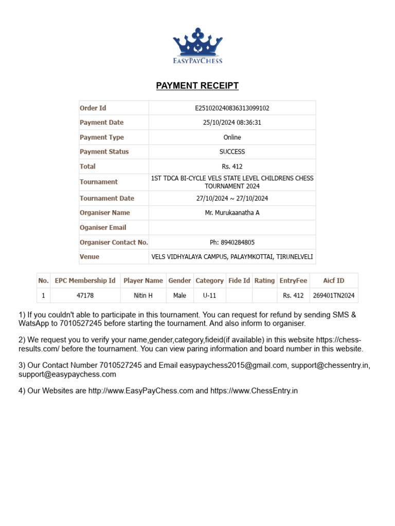Payment Receipt for Chess Tournament | PDF