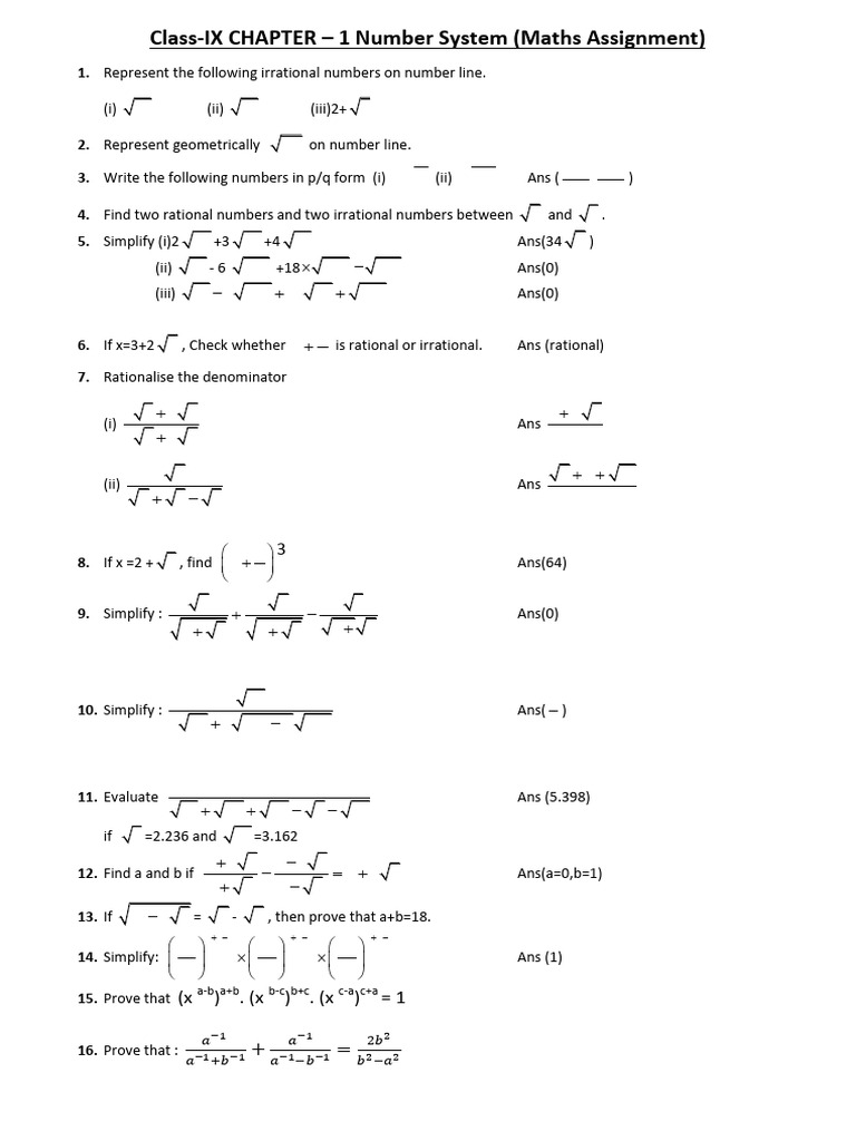 Class-IX CHAPTER - 1 Number System (Maths Assignment) : A-B A+b B-C B+C C-A C+a | PDF | Numbers ...