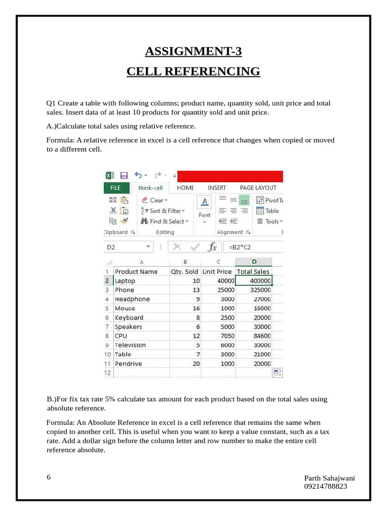 Excel Cell Referencing Assignment Guide | PDF