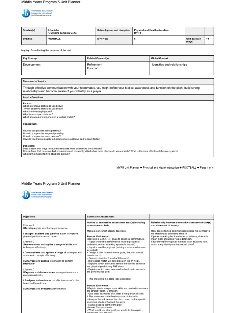 MYP 5 FOOTBALL Criteria B and D | PDF | Behavior Modification | Learning