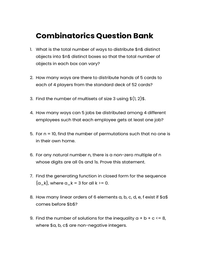 Combinatorics Question Bank | PDF | Permutation | Algebra