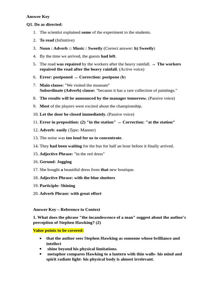 Revision Answer Key Class 8 English | PDF