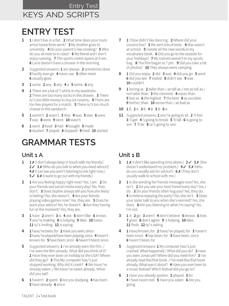 Talent 2 Unit 1 Test Guide | PDF