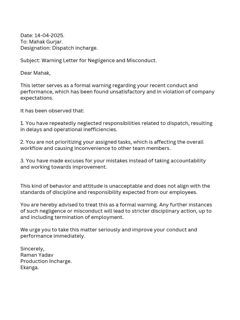 Sure! Here's A Professionally Worded Warning Letter You Can Use - Date ...
