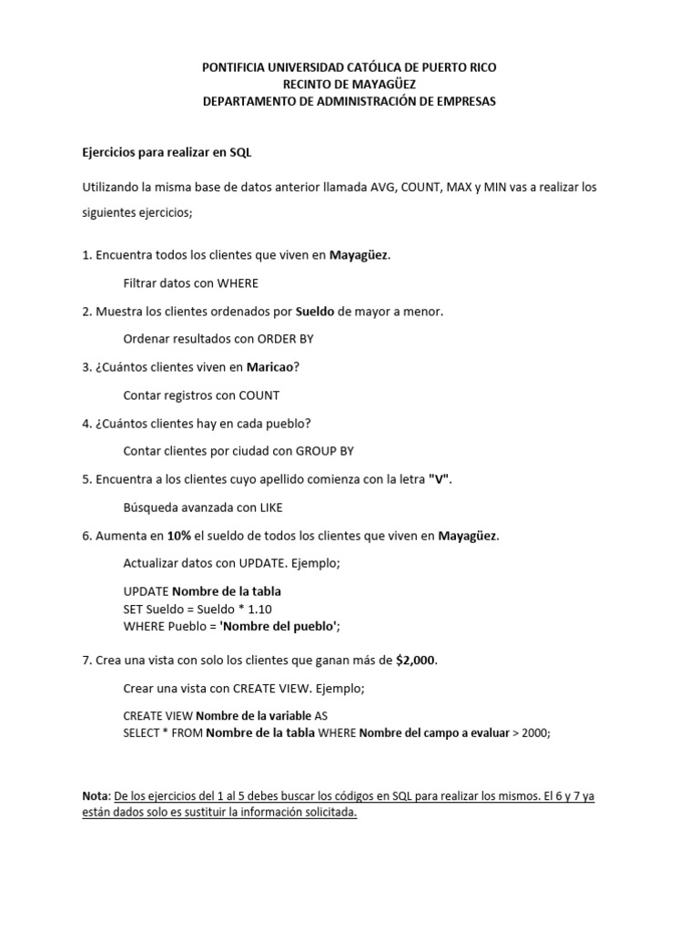 Ejercicios para realizar en SQL | PDF