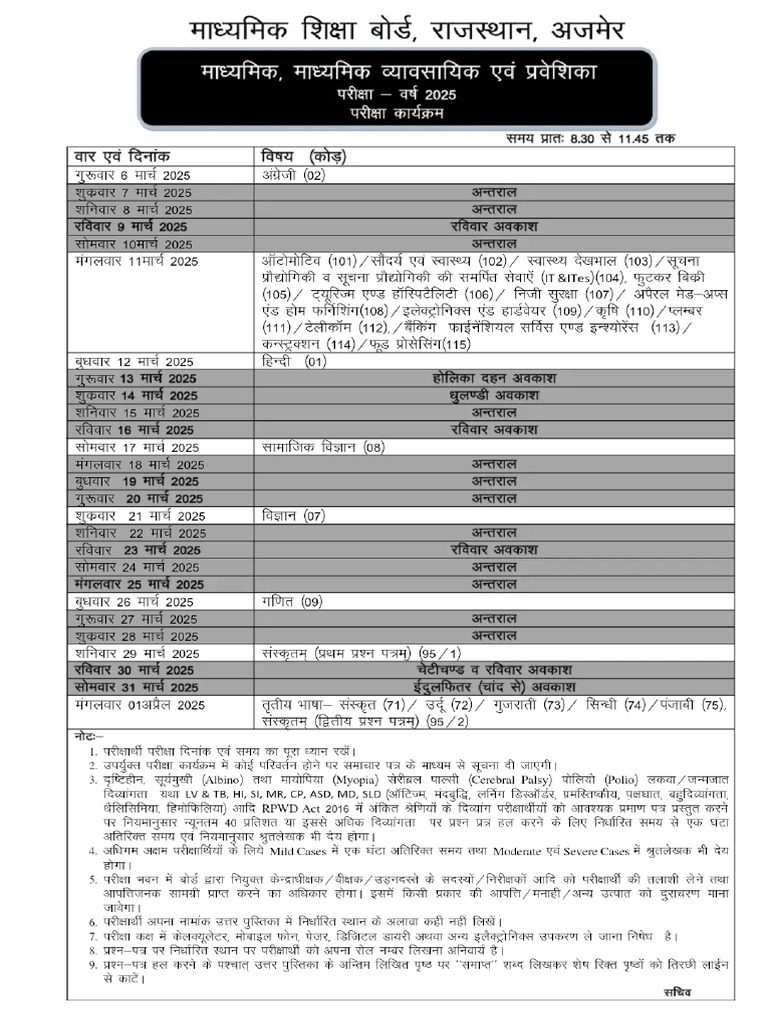 RBSE 10th & 12th Board Time Table 2025 | PDF