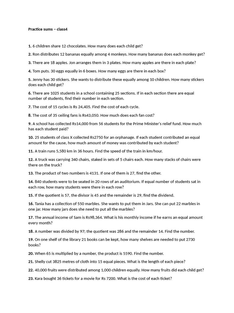 Practice Sums Class4 Maths | PDF | Division (Mathematics)