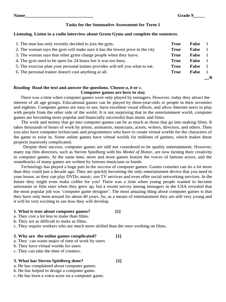 SAT 1 Grade 9 For Teacher | PDF | Video Games