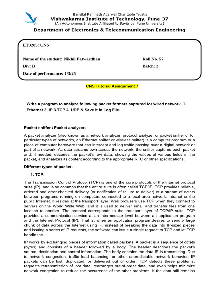 CNS Tutorial 7 - Network Packet Analyzer | PDF | Internet Protocols | Transmission Control Protocol