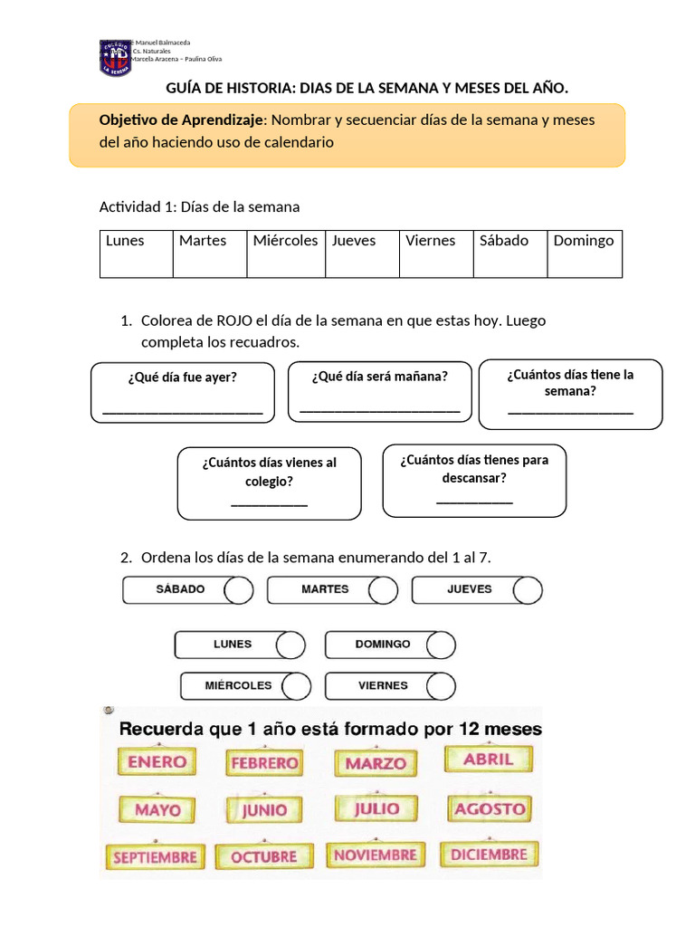 Días de La Semana y Meses Del Año | PDF