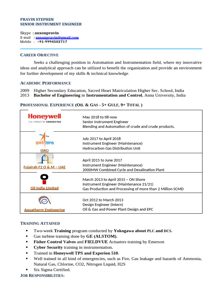 Pravin Stephen Senior Instrumentation Engineer | PDF | Programmable Logic Controller ...