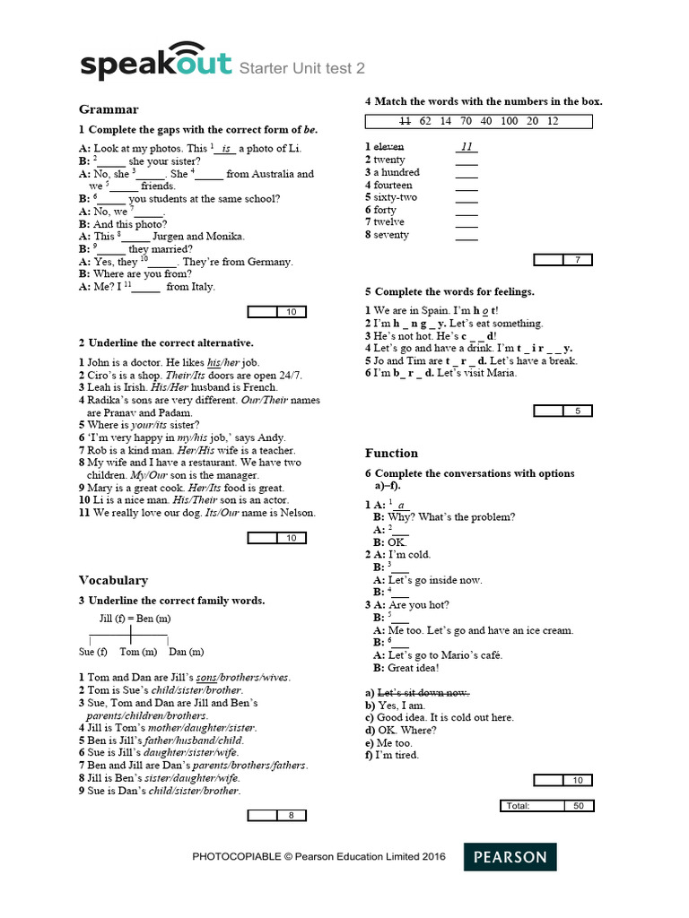 Starter Unit Test: Grammar & Vocabulary | PDF