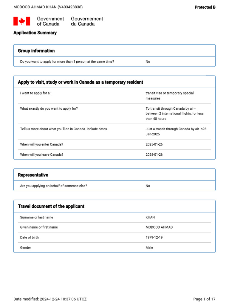 Canada Transit Visa Application Details | PDF | Passport | Travel Visa