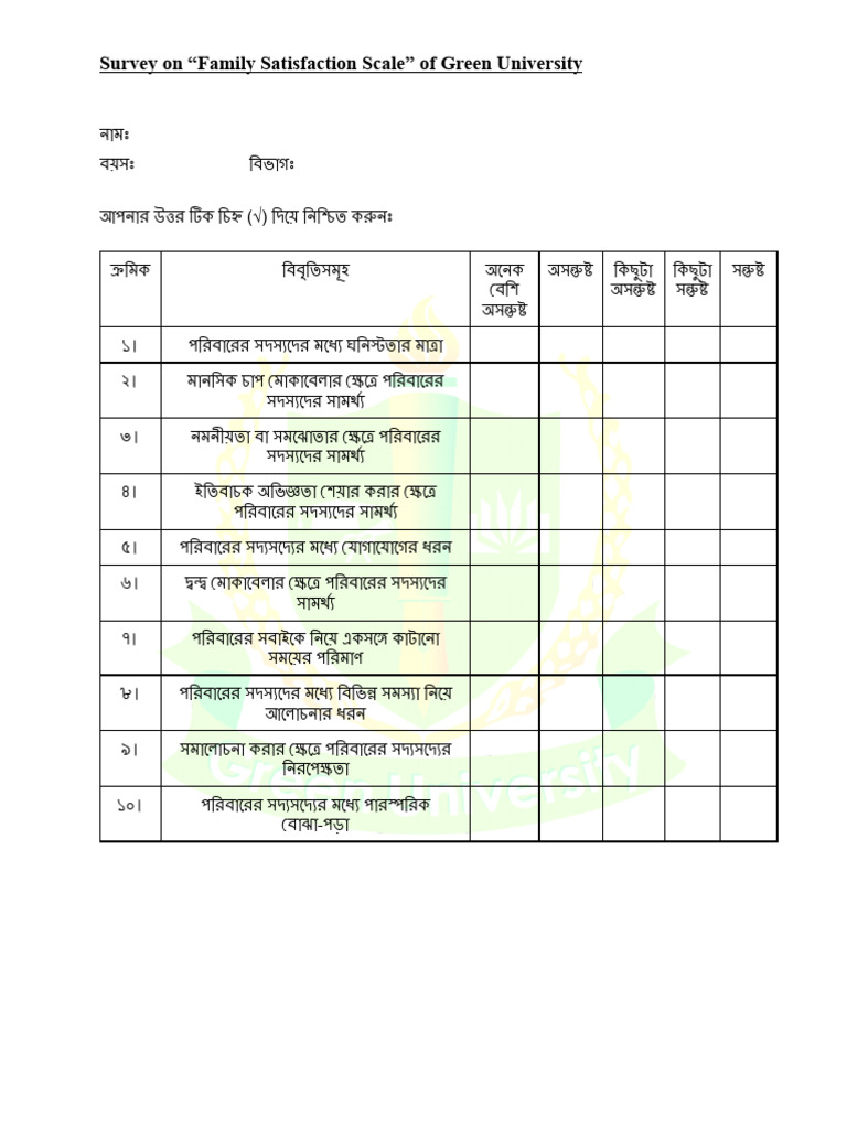 Survey-on-Family-Satisfaction-Scale-of-Green-University1 2 | PDF