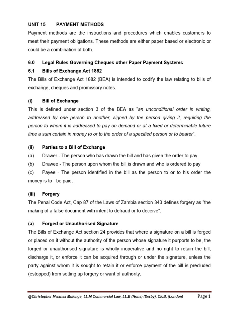 Banking Unit 15 Payment Methods | PDF | Negotiable Instrument | Cheque