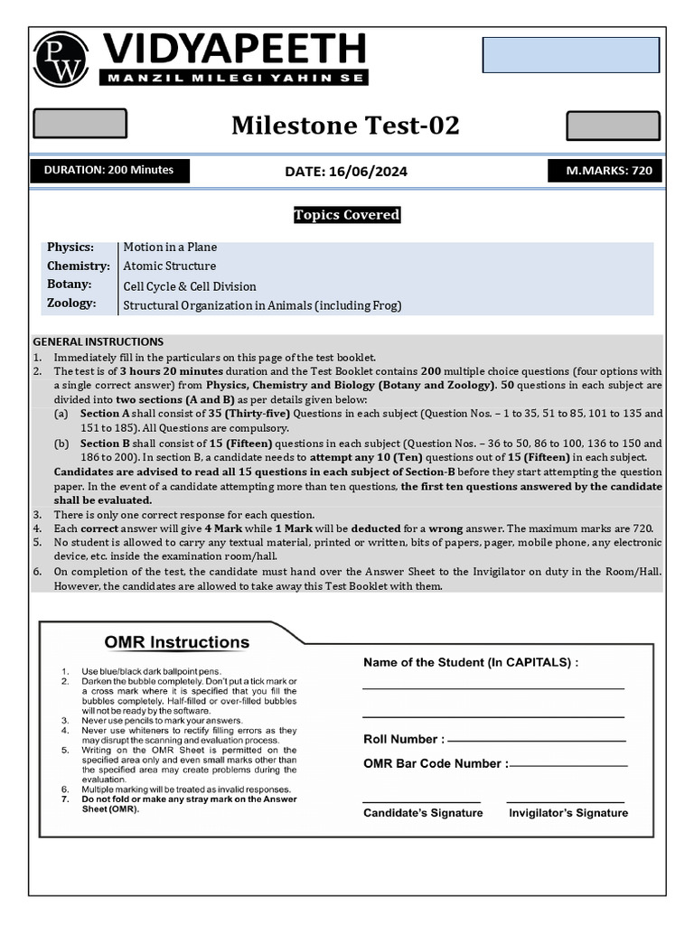 Milestone Test - 02 : Test Paper & Answer Key | PDF | Electron | Atomic ...