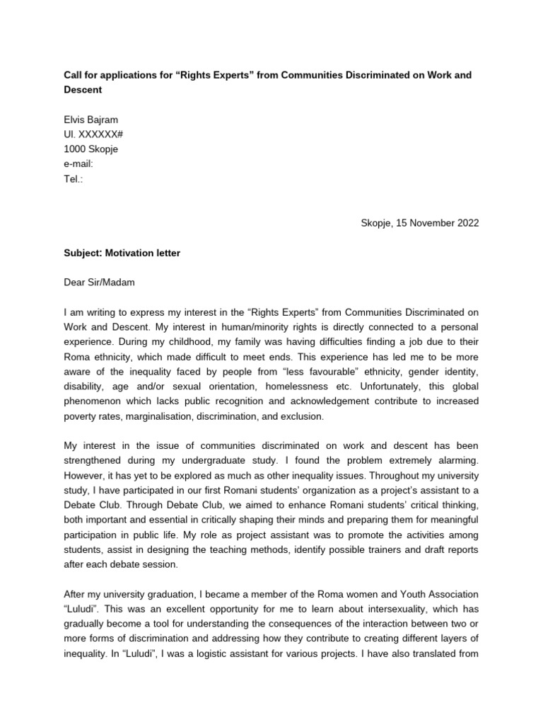 DRAFT Motivation Letter - Elvis | PDF | Social Exclusion | Discrimination