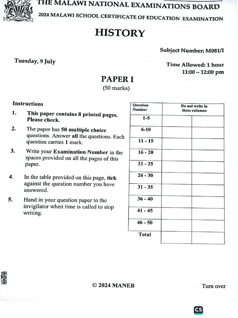 2024 MANEB History I | PDF