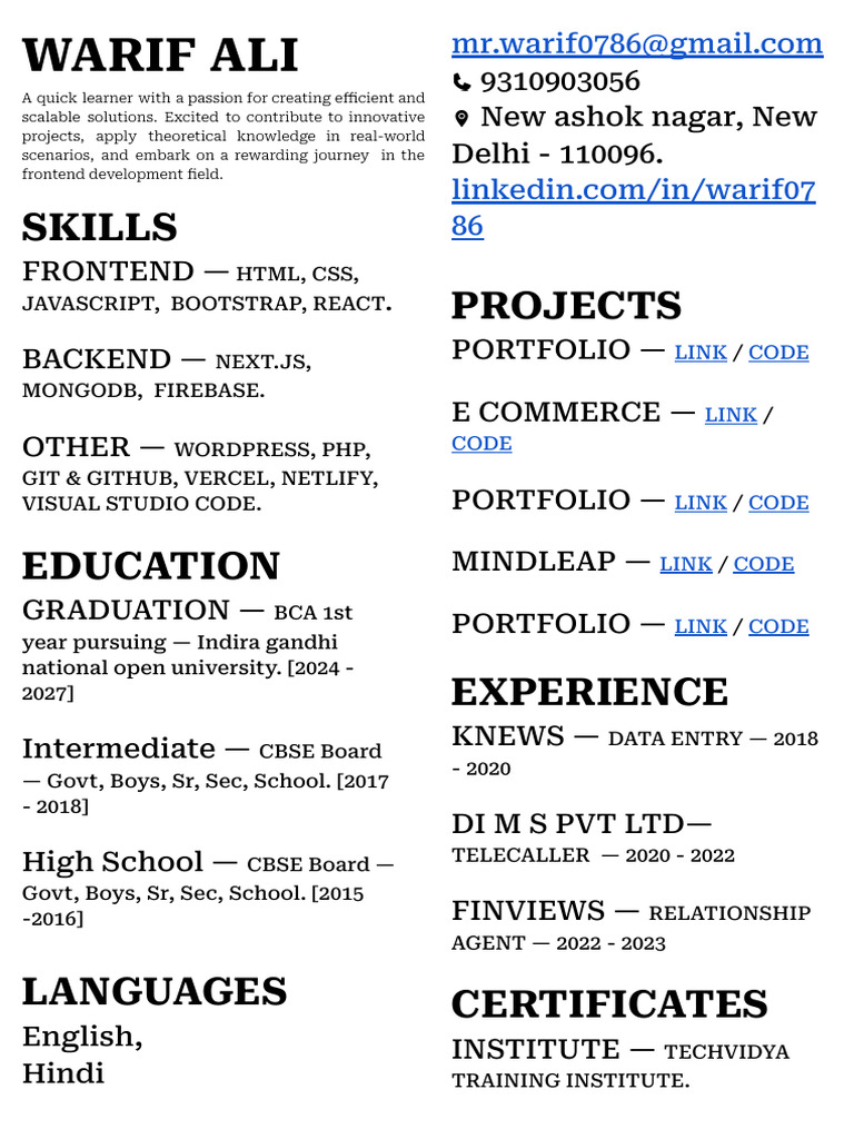 Warif Ali - Frontend Developer | PDF