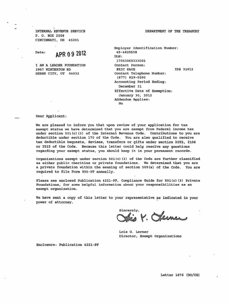 IRS 501(c)(3) Determination Letter Sample | PDF | 501(C) Organization ...