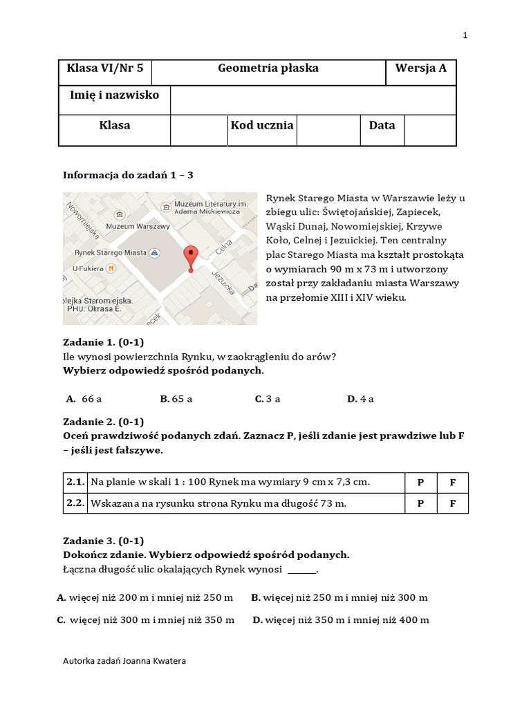 Sprawdzian 5 KL 6 Geometria Plaska A | PDF