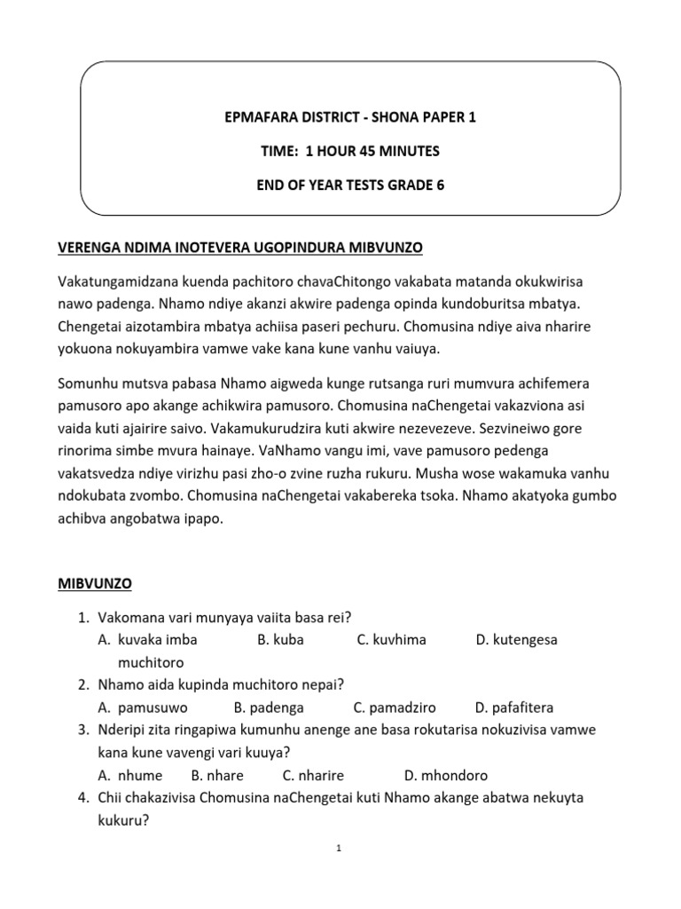 Grade 6 Shona Paper 1 Epmafara Lewisam-1 | PDF
