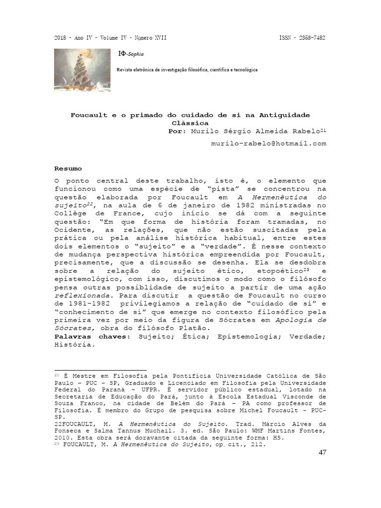 Foucault e o Cuidado de Si na Antiguidade | PDF | Sócrates | Michel ...