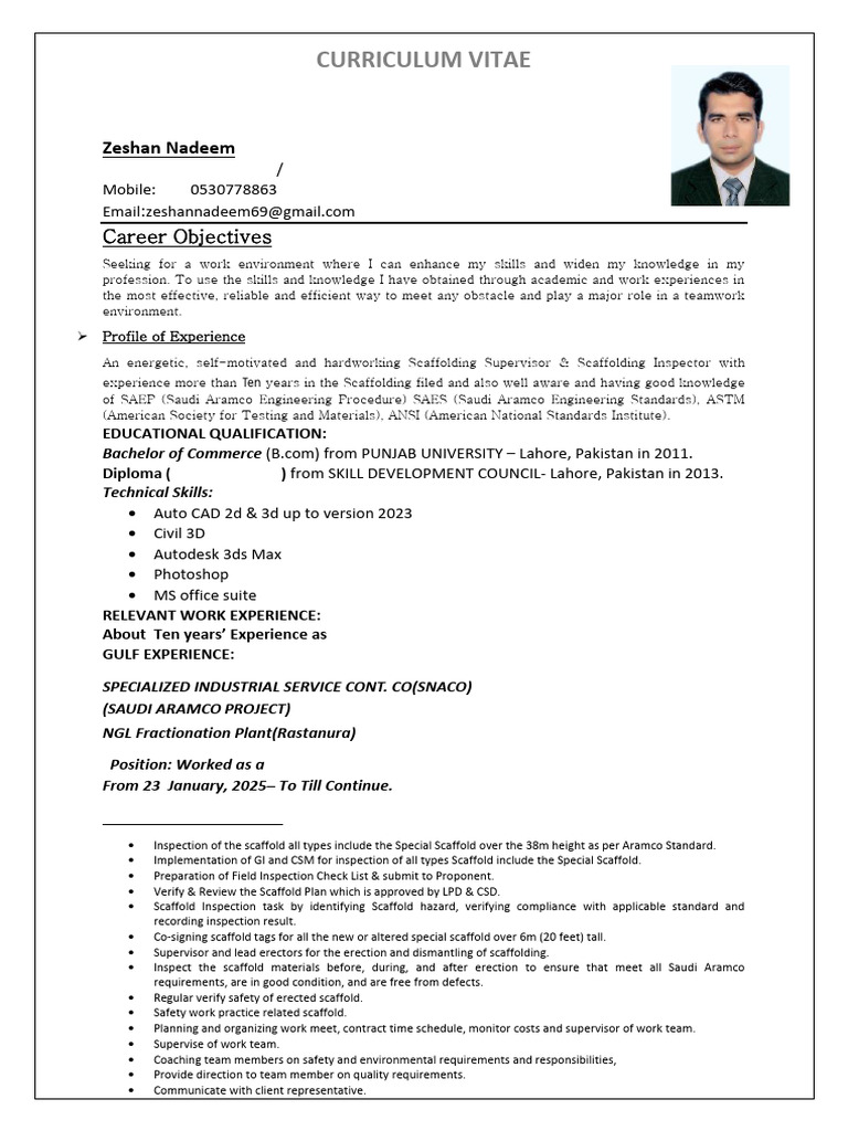 Zeshan Nadeem Scaffolding Inspector and Supervisor CV | PDF | Safety ...