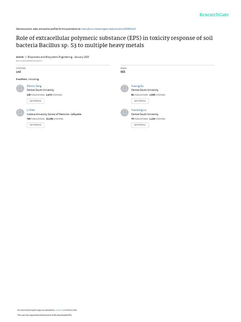 Role of Extracellular Polymeric Substance (EPS) in Toxicity Response of Soil Bacteria Bacillus ...