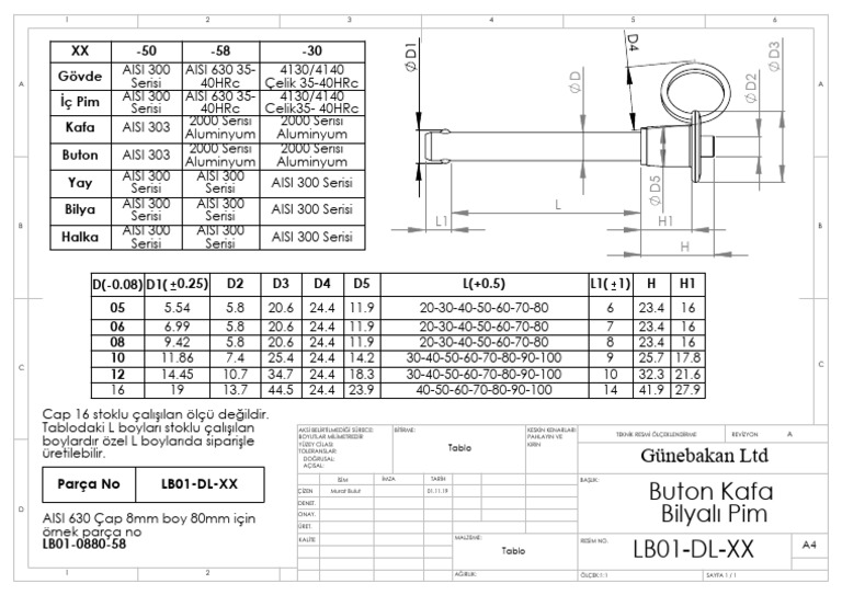 LB01-DL-XX Buton Kafa Bilyalı Pim: Günebakan LTD | PDF