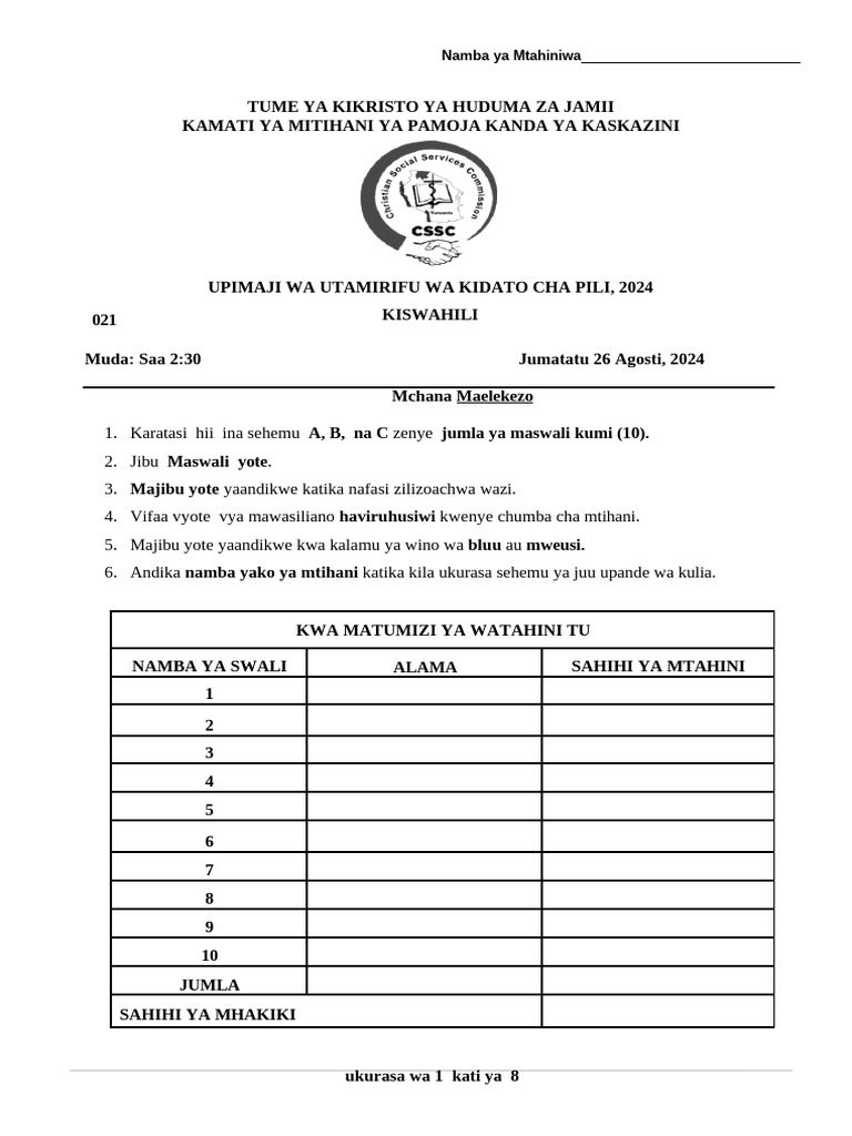 Kiswahili Form Two 2024 | PDF